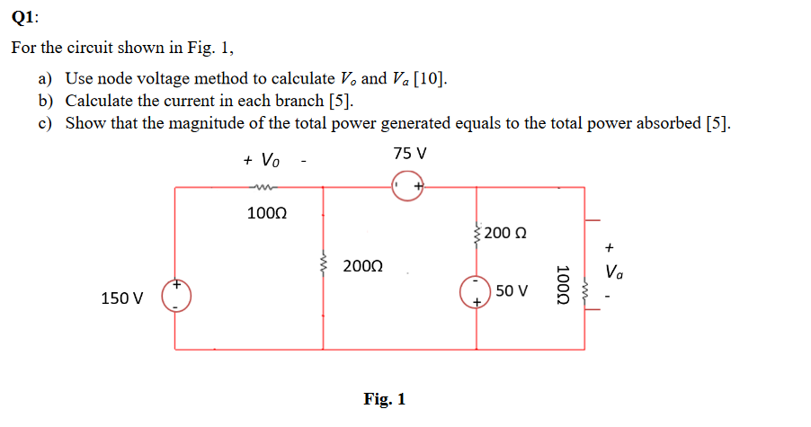 Solved For the circuit shown in Fig. 1, a) Use node voltage | Chegg.com