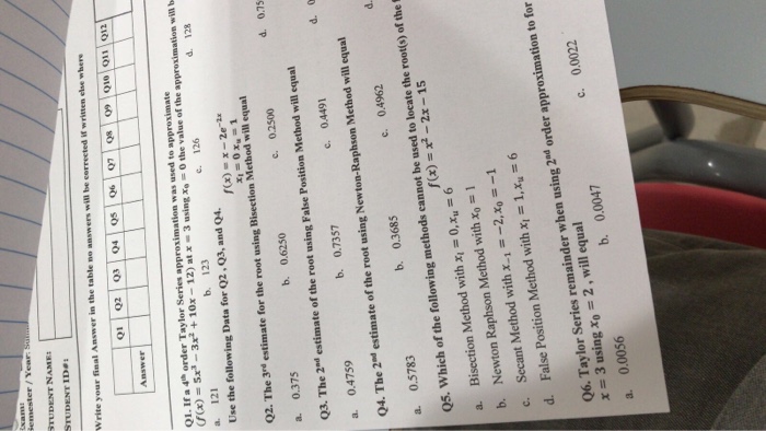 Solved STUDENT NAME: STUDENT ID Write your final Answer in | Chegg.com