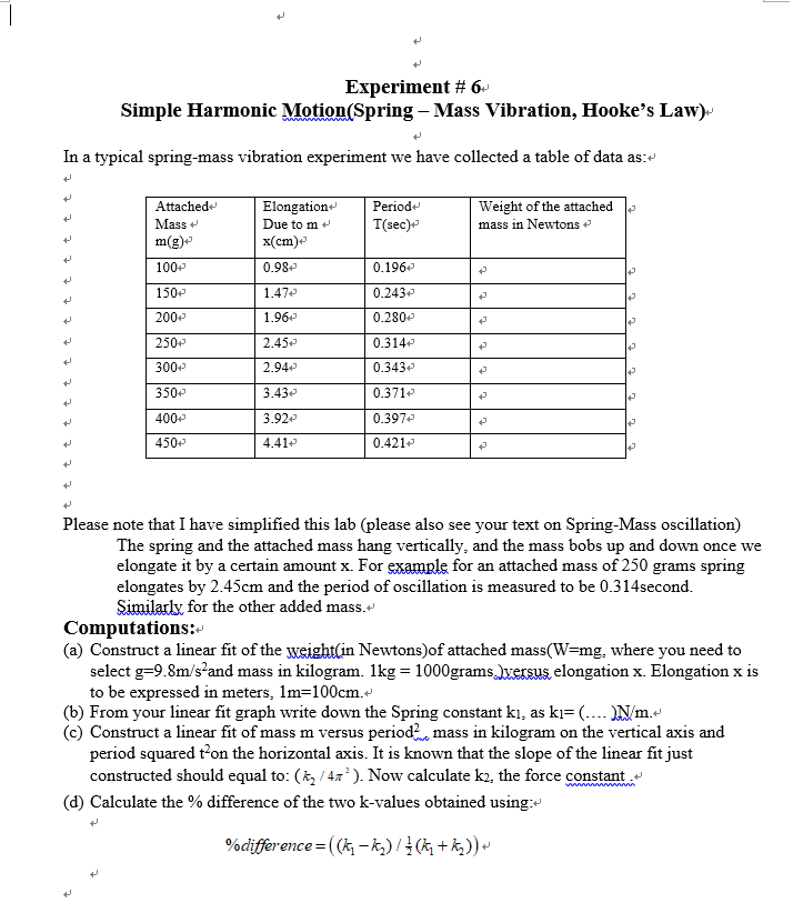 Solved Experiment #6 Simple Harmonic Motion(Spring - Mass | Chegg.com