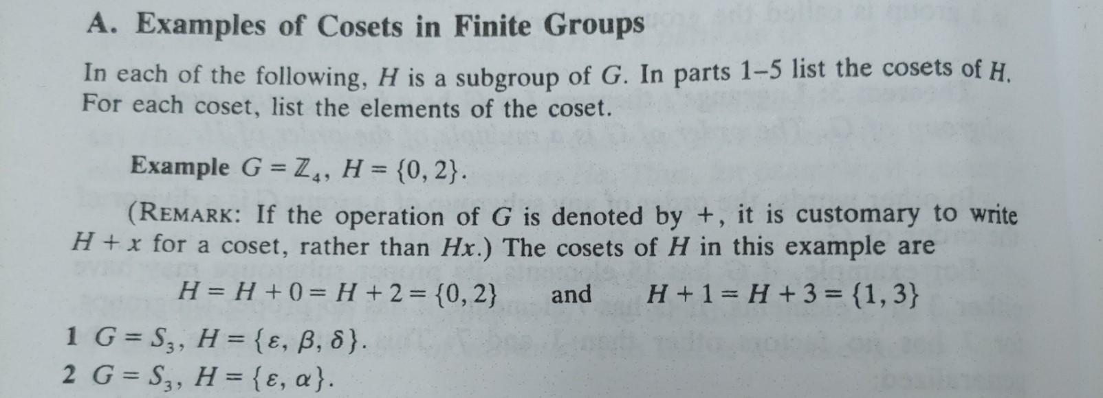 Solved A. Examples of Cosets in Finite Groups In each of the | Chegg.com