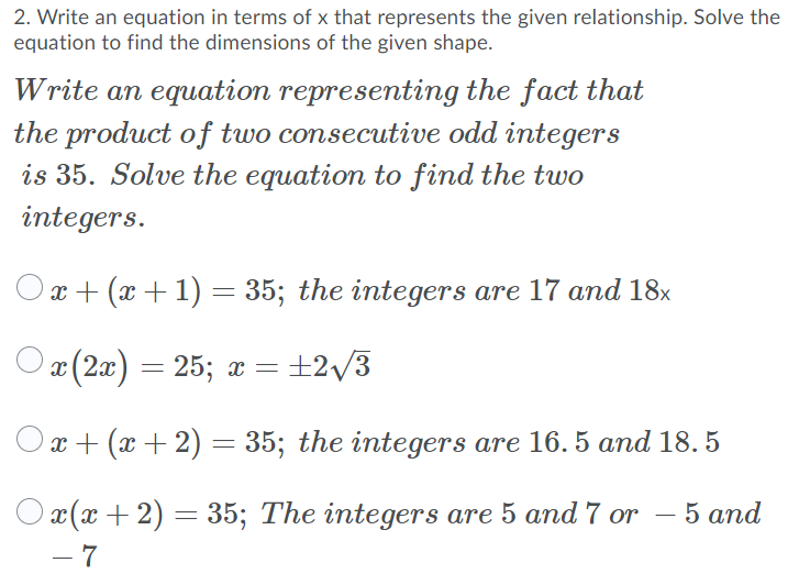 Solved 2. Write an equation in terms of x that represents | Chegg.com