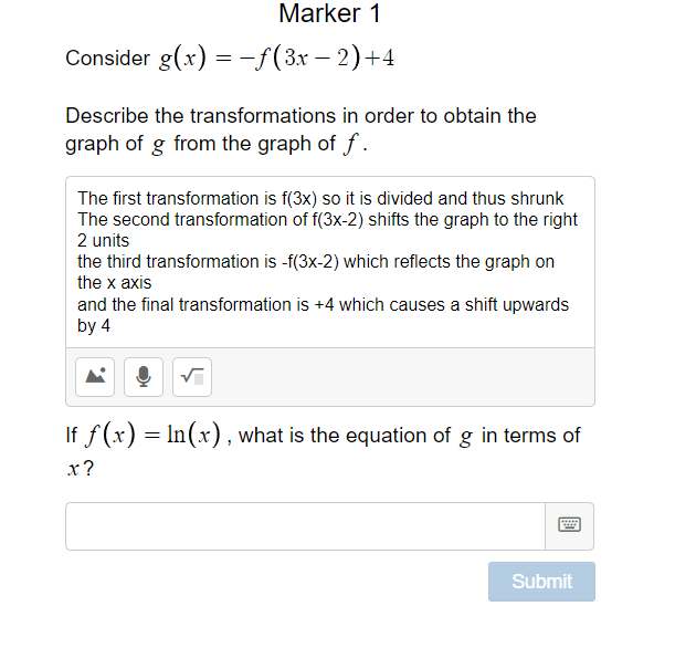Solved Marker 1 Consider g(x)=−f(3x−2)+4 Describe the | Chegg.com Solved Marker 1 Consider g(x)=−f(3x−2)+4 Describe the | Chegg.com