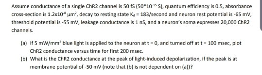Assume conductance of a single ChR2 channel is 50 fs | Chegg.com