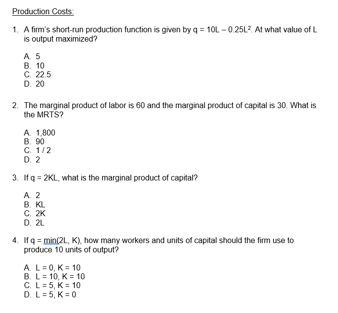 Solved 1. A firm's short-run production function is given by | Chegg.com