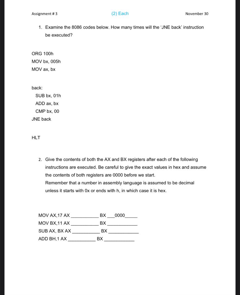 Solved 1. Examine the 8086 codes below. How many times will | Chegg.com
