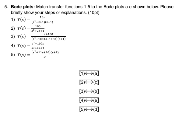 Bode plots: Match transfer functions 1-5 to ﻿the Bode | Chegg.com