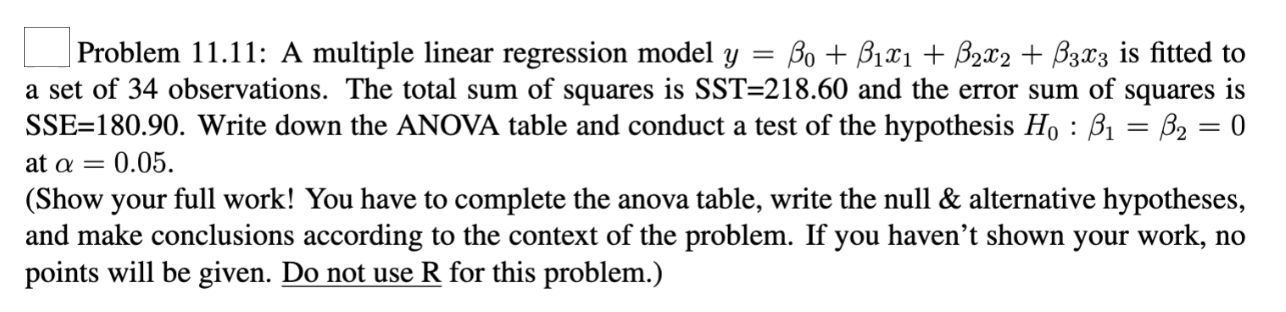 Solved Problem 11.11: A multiple linear regression model | Chegg.com