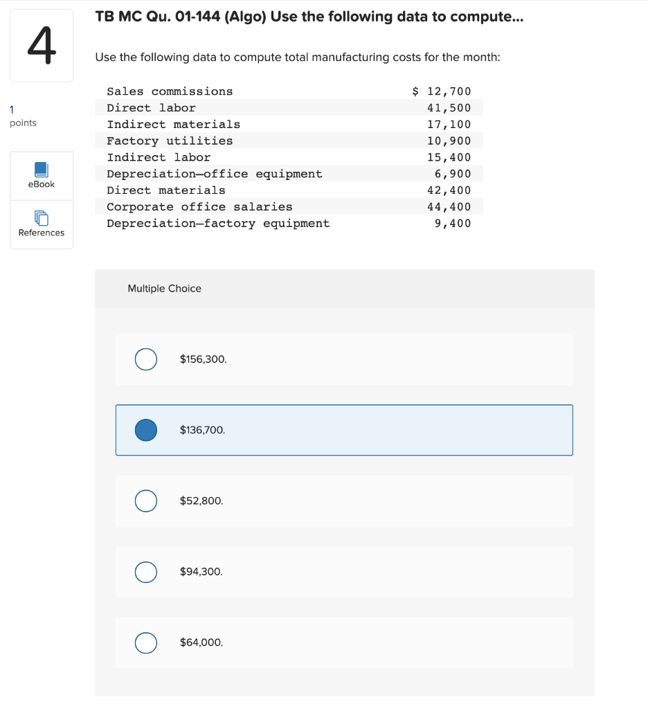 Solved TB MC Qu. 01-144 (Algo) Use the following data to | Chegg.com