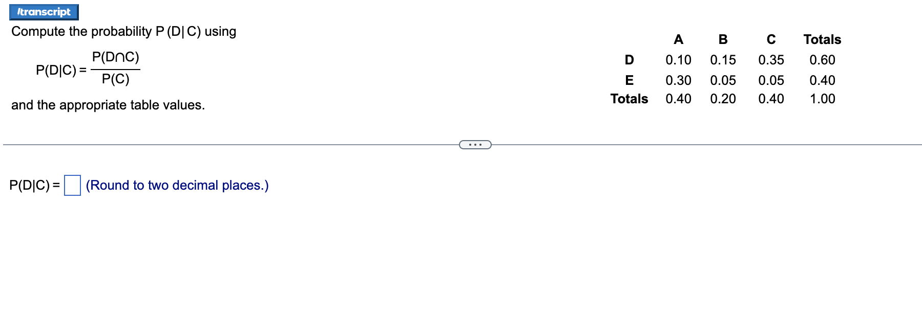 Solved Compute the probability P(D∣C) using | Chegg.com