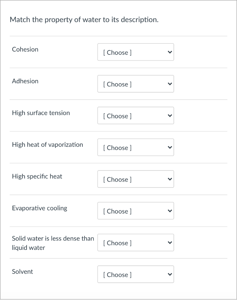 Solved Match the property of water to its description. | Chegg.com