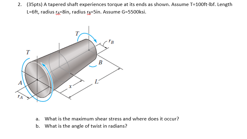 Solved 2. ( 35pts ) A tapered shaft experiences torque at | Chegg.com