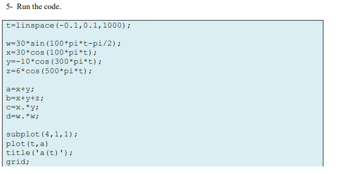 Solved 5- Run the code. t=linspace(-0.1,0.1, 1000); w=30*sin | Chegg.com