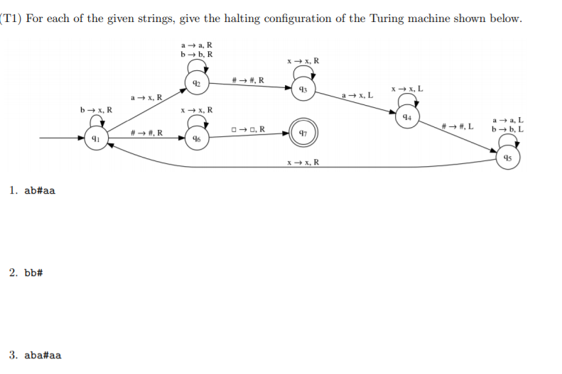 Solved T1) For each of the given strings, give the halting | Chegg.com
