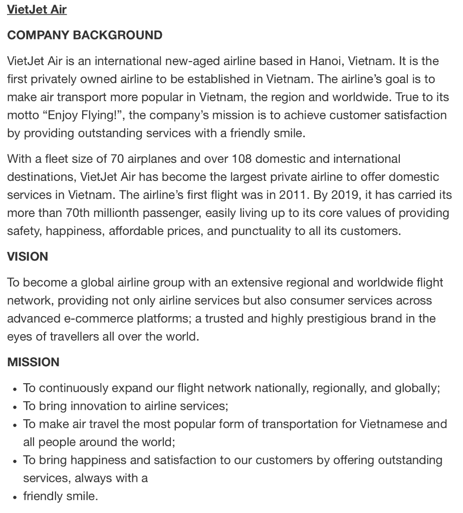 Solved VietJet Air COMPANY BACKGROUND VietJet Air is an | Chegg.com