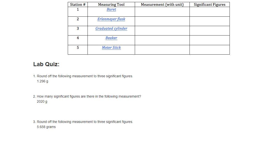 Solved Station # 1 Measurement (with unit) Measuring Tool | Chegg.com