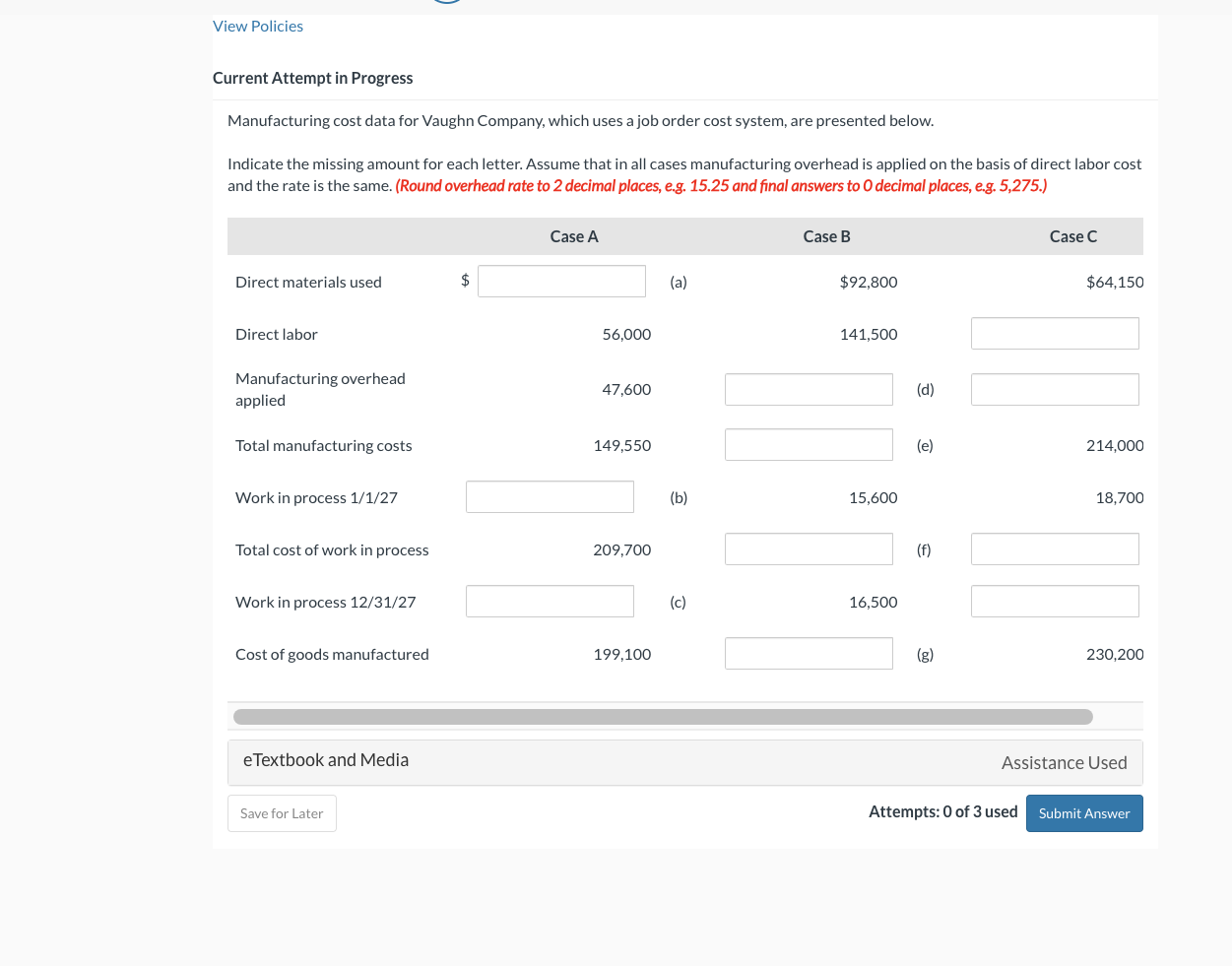 Solved Manufacturing cost data for Vaughn Company, which | Chegg.com