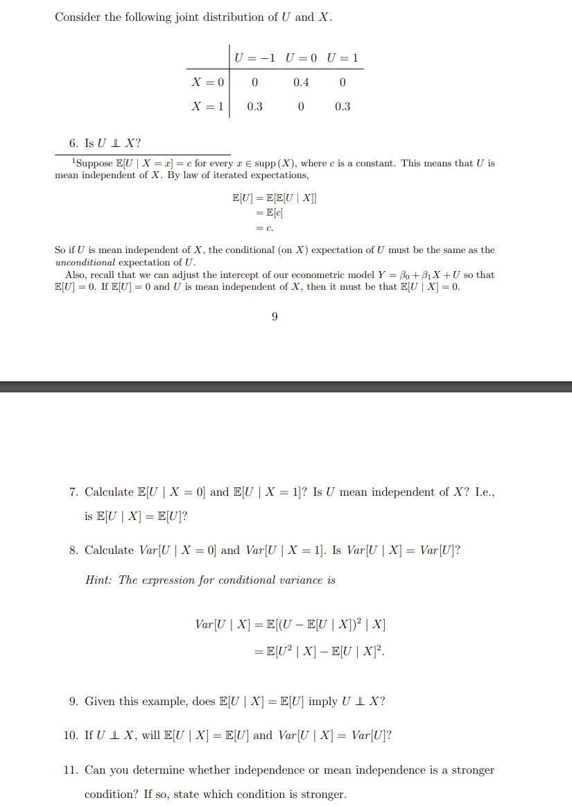 Consider the following joint distribution of U and X. | Chegg.com