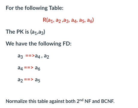 For the following Table: R(a1,a2,a3,a4,a5,a6) The PK | Chegg.com