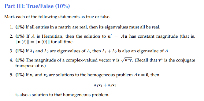 Solved Part III: True/False (10%) Mark each of the following | Chegg.com