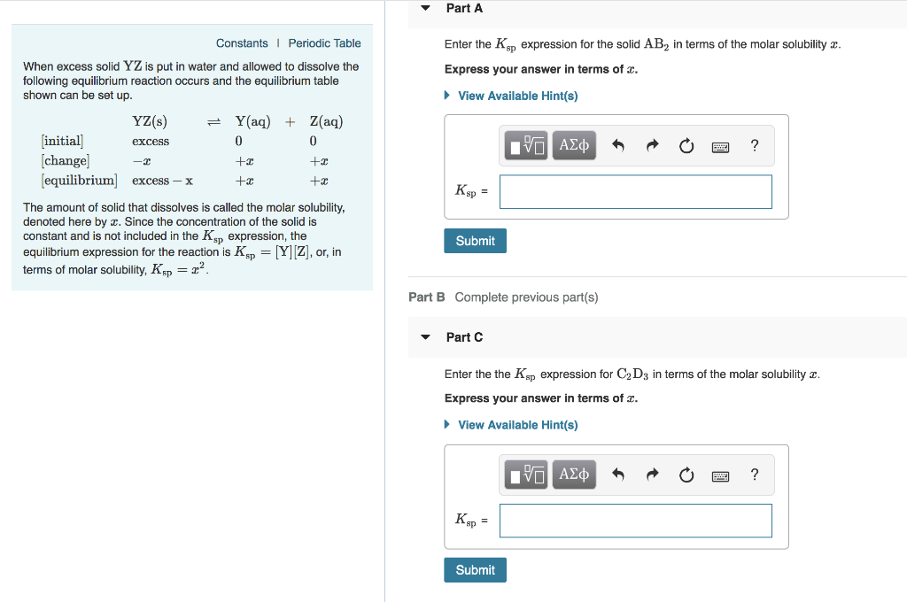 Solved Part A Enter the Ksp expression for the solid AB2 in | Chegg.com
