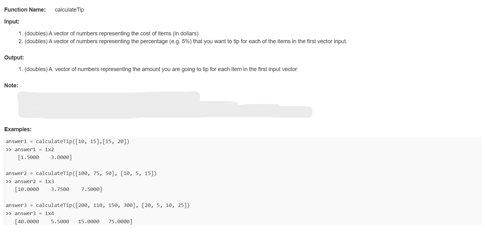 Solved Examples: answer 1= calculateTip ([10,15],[15,20]) > | Chegg.com