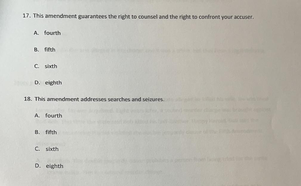 Solved 17. This amendment guarantees the right to counsel | Chegg.com