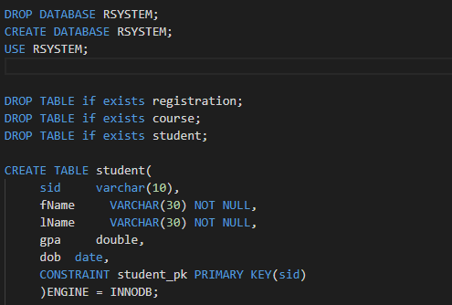 Solved DROP DATABASE RSYSTEM; CREATE DATABASE RSYSTEM; USE | Chegg.com
