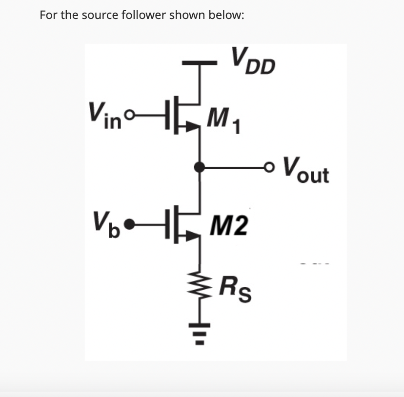 Solved For the source follower shown below:Rs=150ΩVdd=1.8 V | Chegg.com