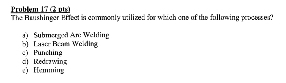 Solved Problem 17(2pts) The Baushinger Effect is commonly | Chegg.com