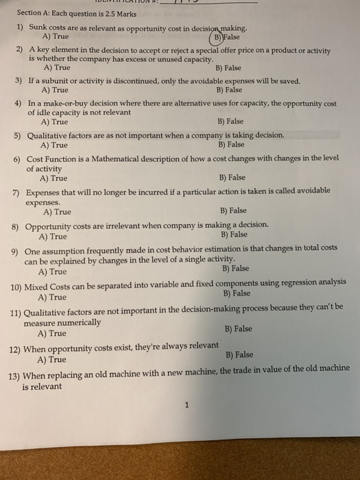 Solved Section A: Each question is 2.5 Marks 1) Sunk costs | Chegg.com