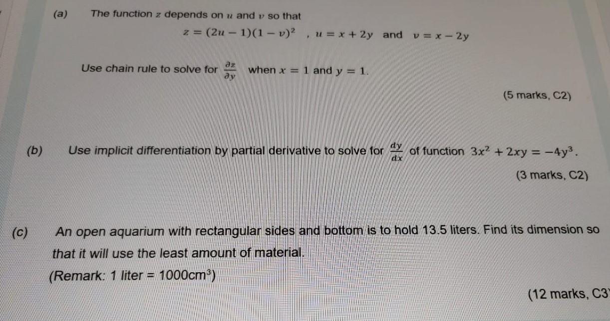 Solved (a) The function z depends on u and y so that z = (2u | Chegg.com