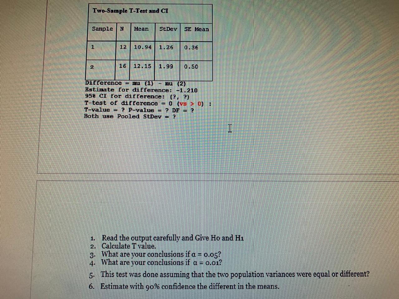 Solved Two-Sample T-Test and CI Sample N Mean StDev SE Mean | Chegg.com