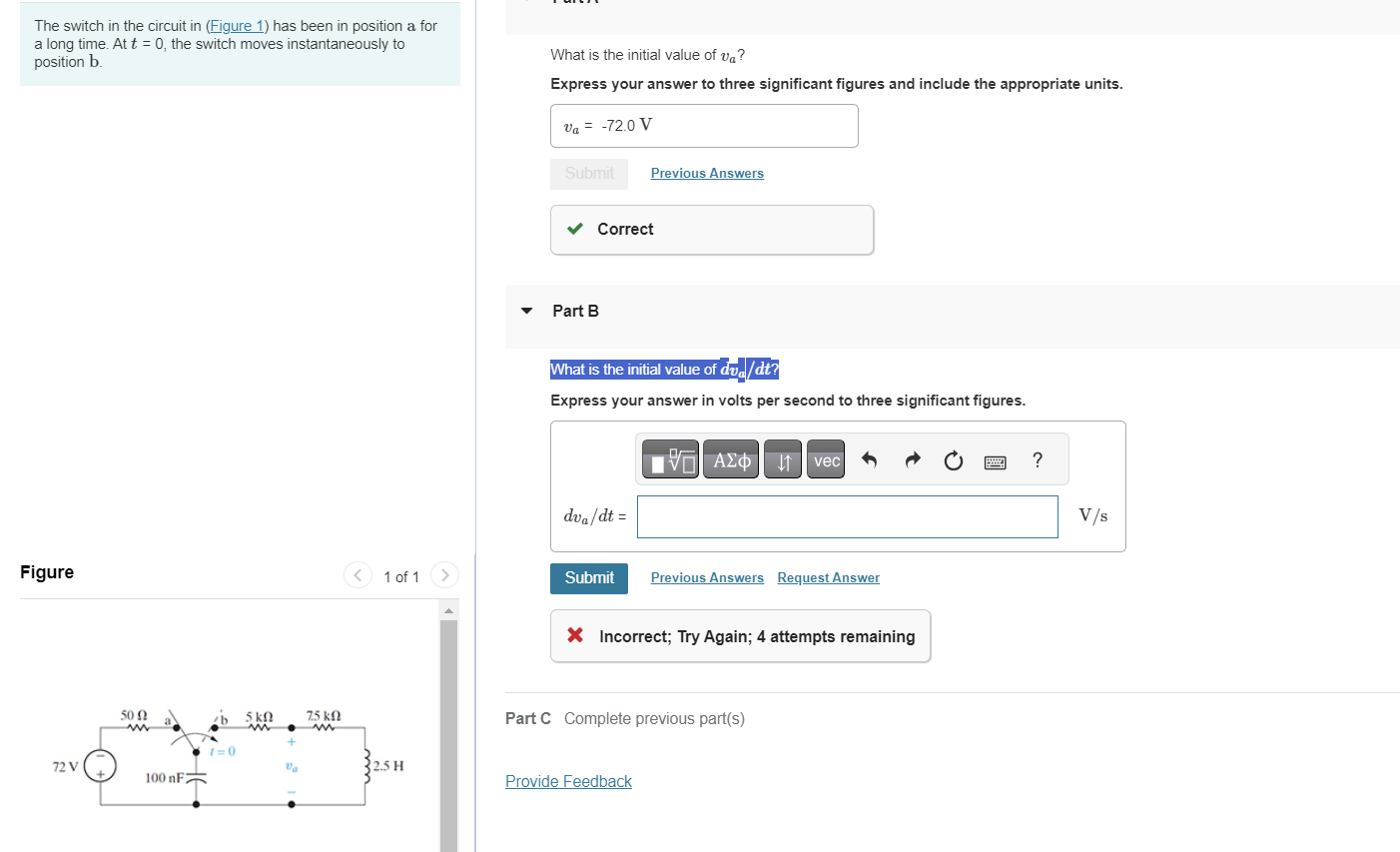 Solved The switch in the circuit in (Figure 1) has been in | Chegg.com