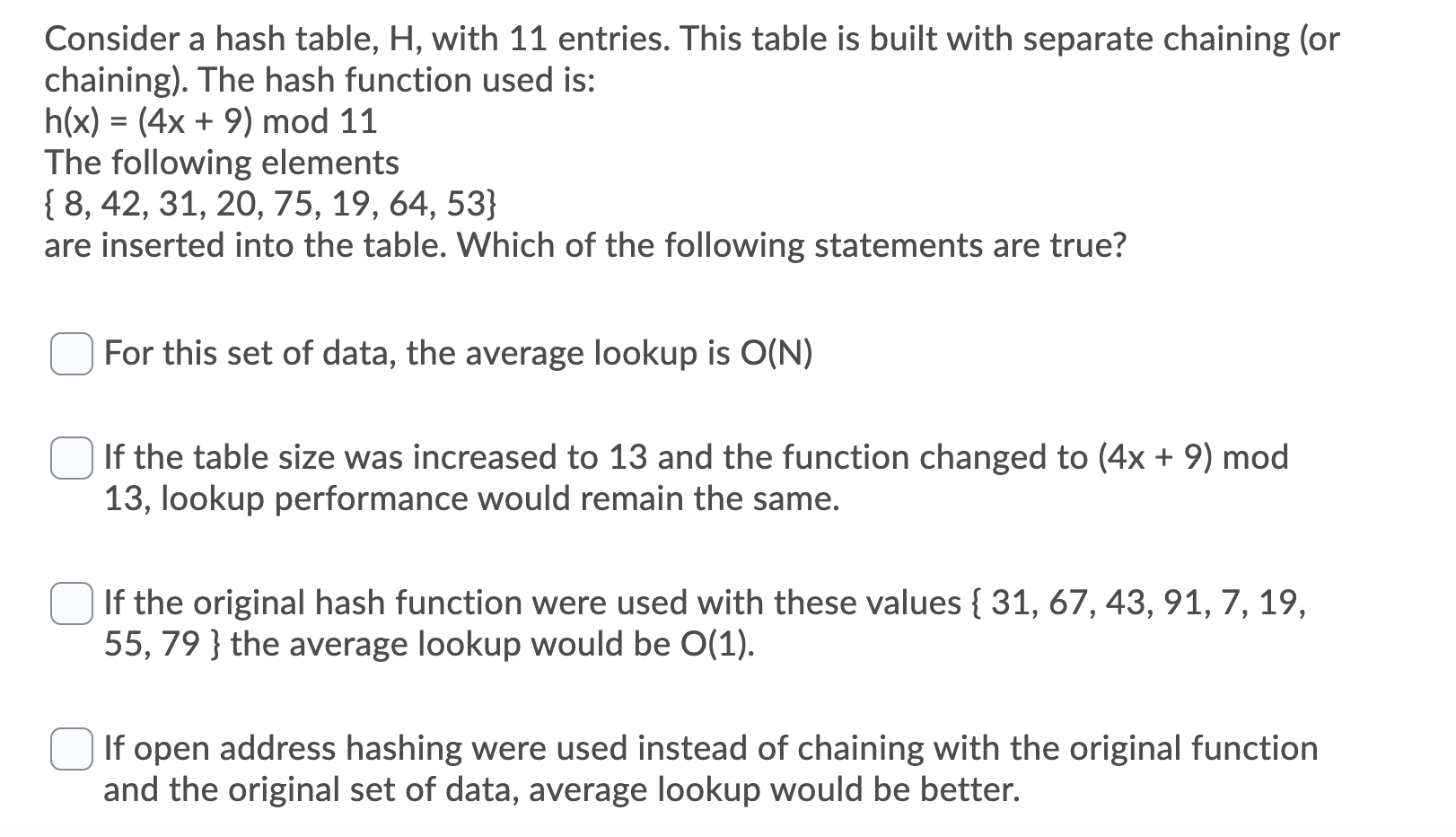 Solved Consider a hash table, H, with 11 entries. This table | Chegg.com