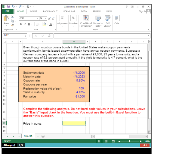 Solved BS AILE Calculating a band price - Excel FORMULAS | Chegg.com