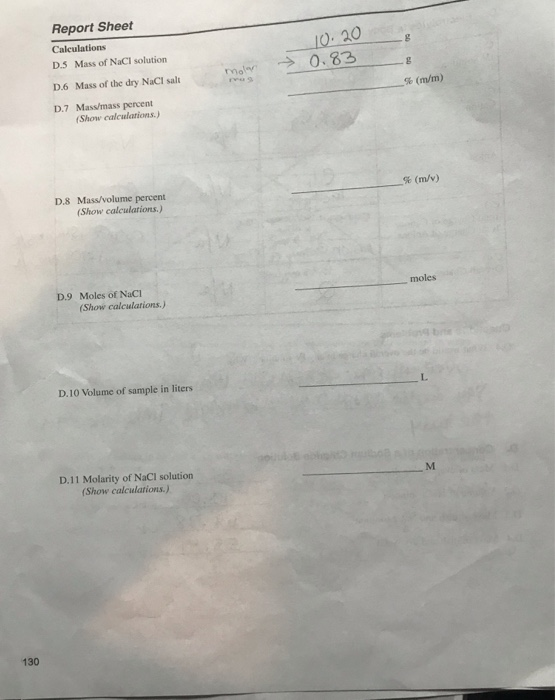 Solved Report Sheet Calculations D.5 Mass of NaCI solution | Chegg.com