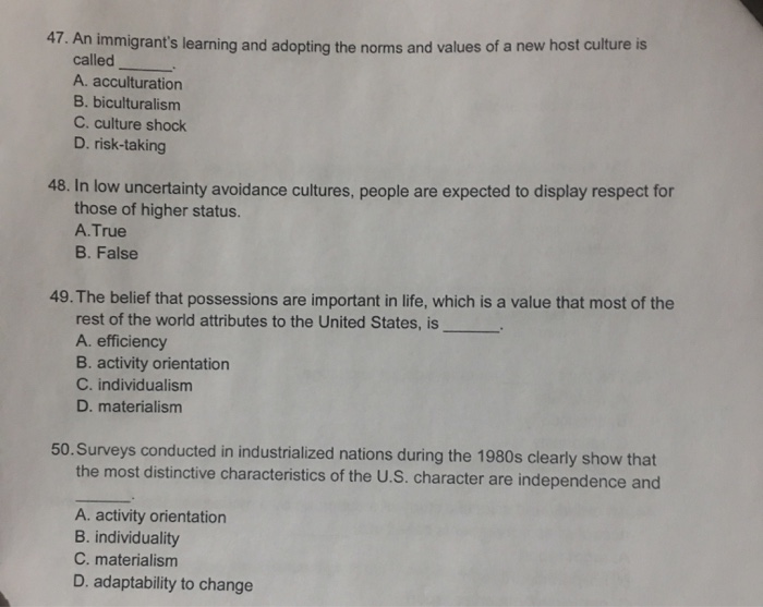 Solved 47. An immigrant's learning and adopting the norms | Chegg.com