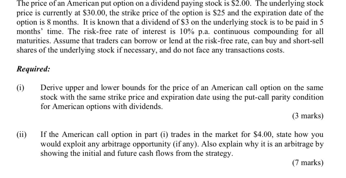 Solved The price of an American put option on a dividend | Chegg.com
