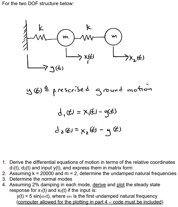 Solved For the two DOF structure below: y(t)≜ prescribed | Chegg.com