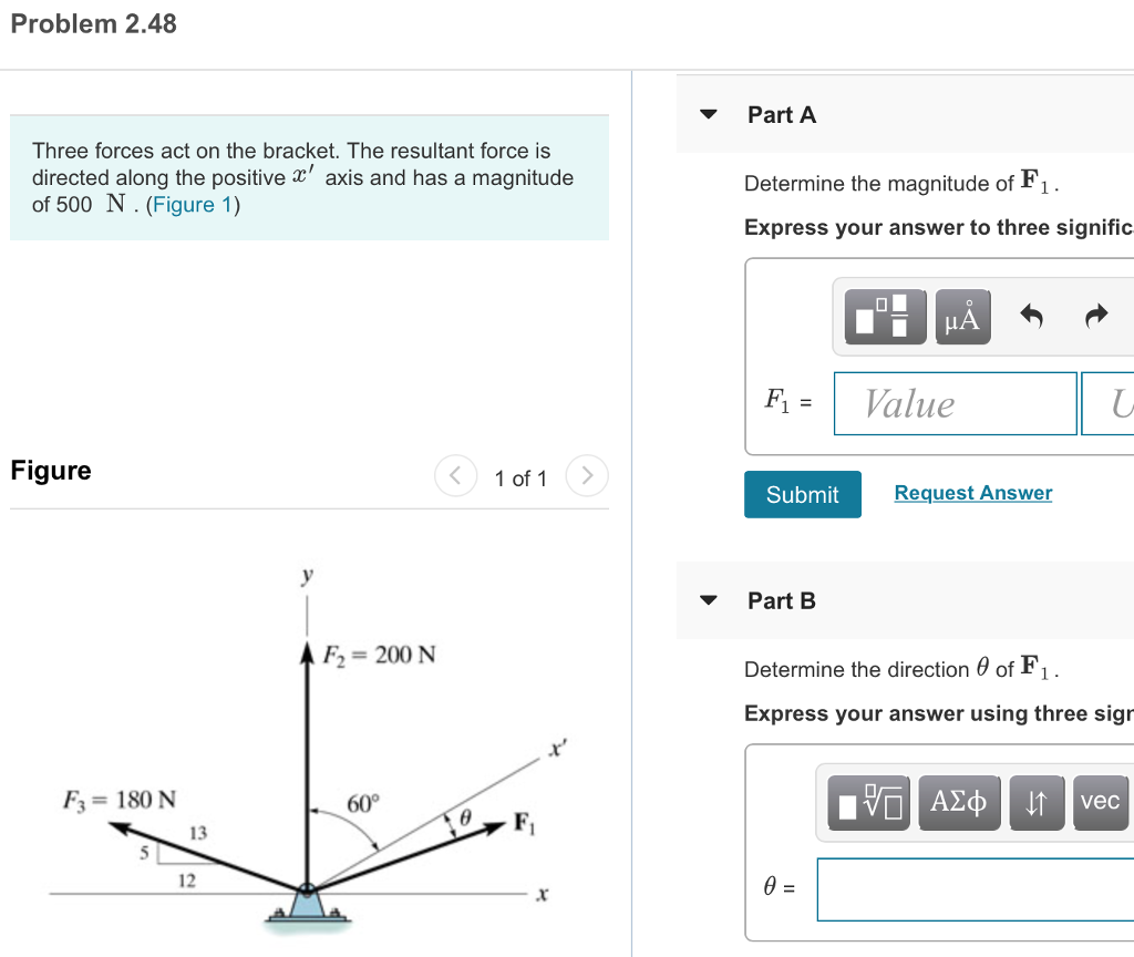 Solved Problem 2.48 Part A Three forces act on the bracket. | Chegg.com