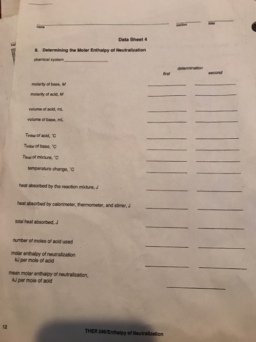 Solved Data Sheet 3 IL Determining the Molar Enthalpy of | Chegg.com