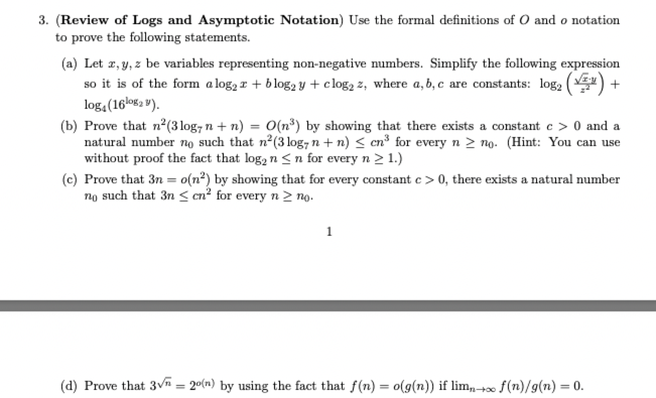 Solved 3. (Review of Logs and Asymptotic Notation) Use the | Chegg.com