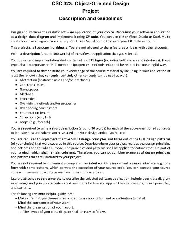 Solved Csc 323 Object Oriented Design Project Description