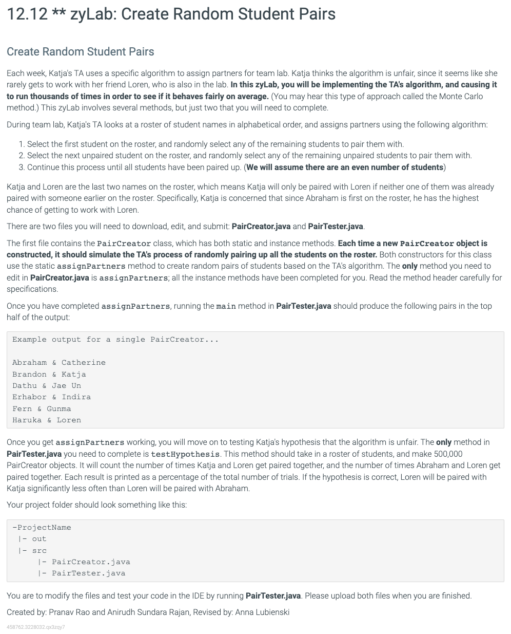Solved 12.12 ** zyLab: Create Random Student Pairs File 1 | Chegg.com