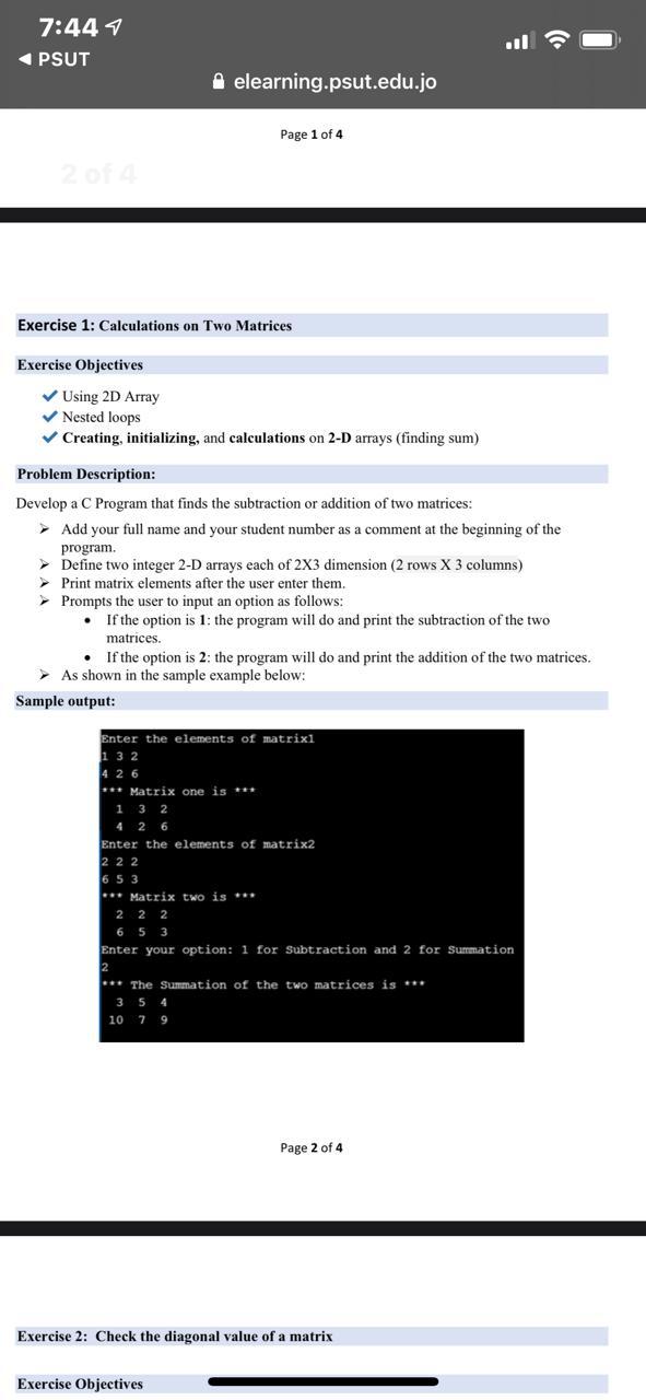 Solved 7:44 1 PSUT elearning.psut.edu.jo Page 1 of 4 2 of 4 | Chegg.com