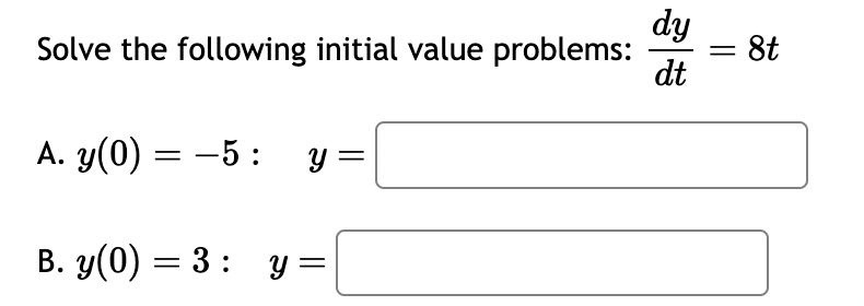 Solved Solve the following initial value problems: dtdy=8t | Chegg.com