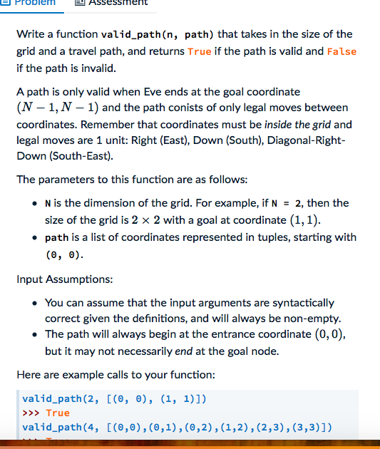 Solved essment Write a function valid_path(n, path) that | Chegg.com