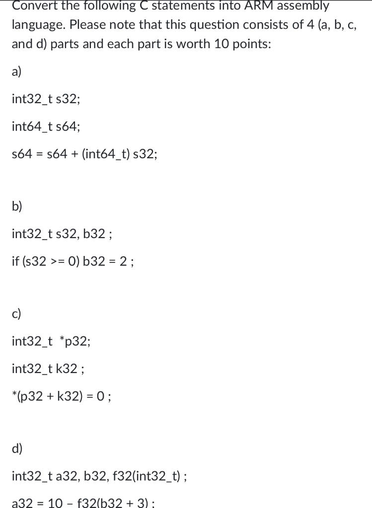 Convert the following C statements into ARM assembly | Chegg.com