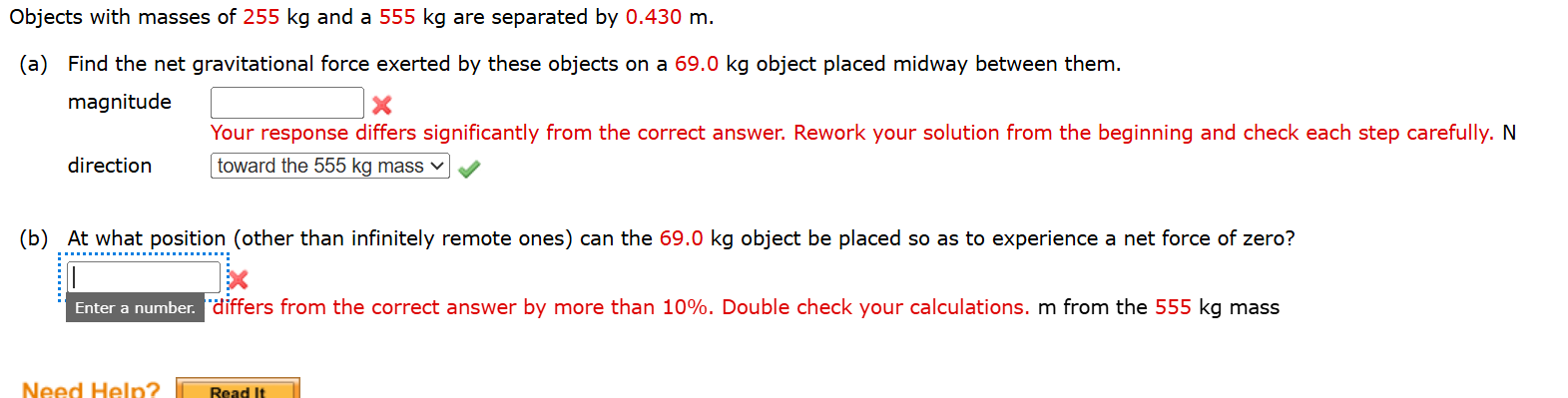 Solved Objects with masses of 255 ﻿kg and a 555 ﻿kg are | Chegg.com