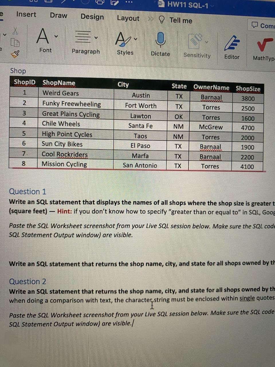 Solved 1. write an SQL statement that returns the shop | Chegg.com